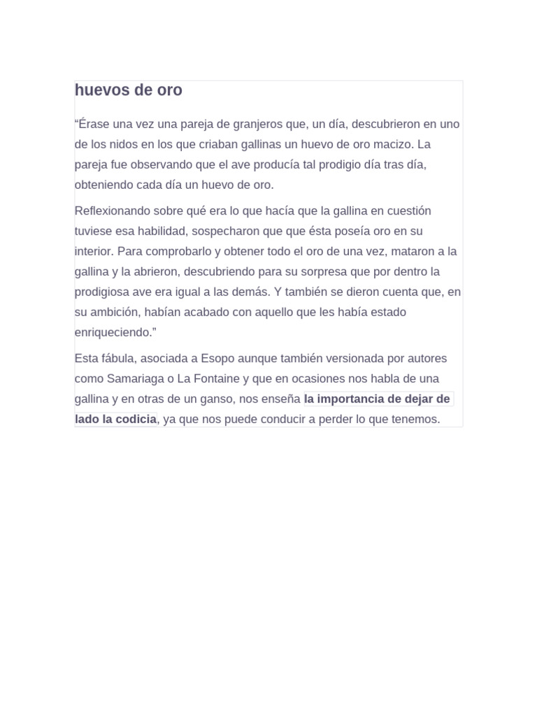 Lecciones de la fábula "Huevos de oro" | PDF