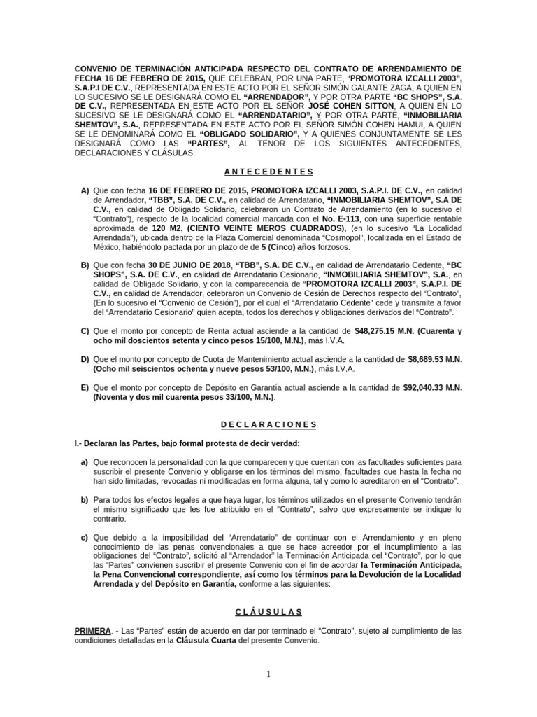Convenio de Terminación-Exime Pena Conv-Devol-Dep-Bc Shops - E-113 - Cosmopol-28022019-Gv | PDF ...