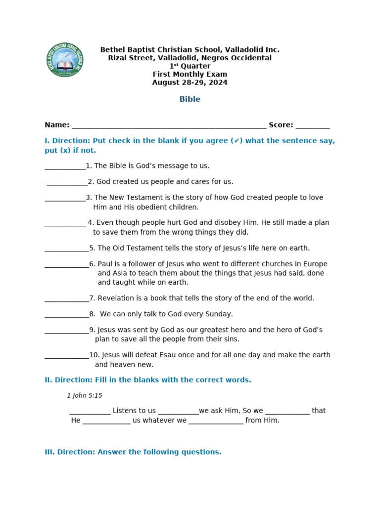 Bible Exam | PDF