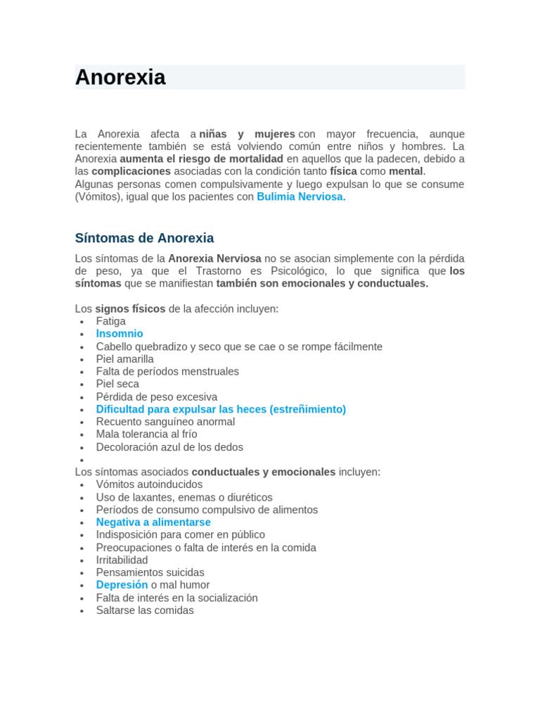 Anorexia: Síntomas y Prevención | PDF | Anorexia nerviosa | Bulimia ...