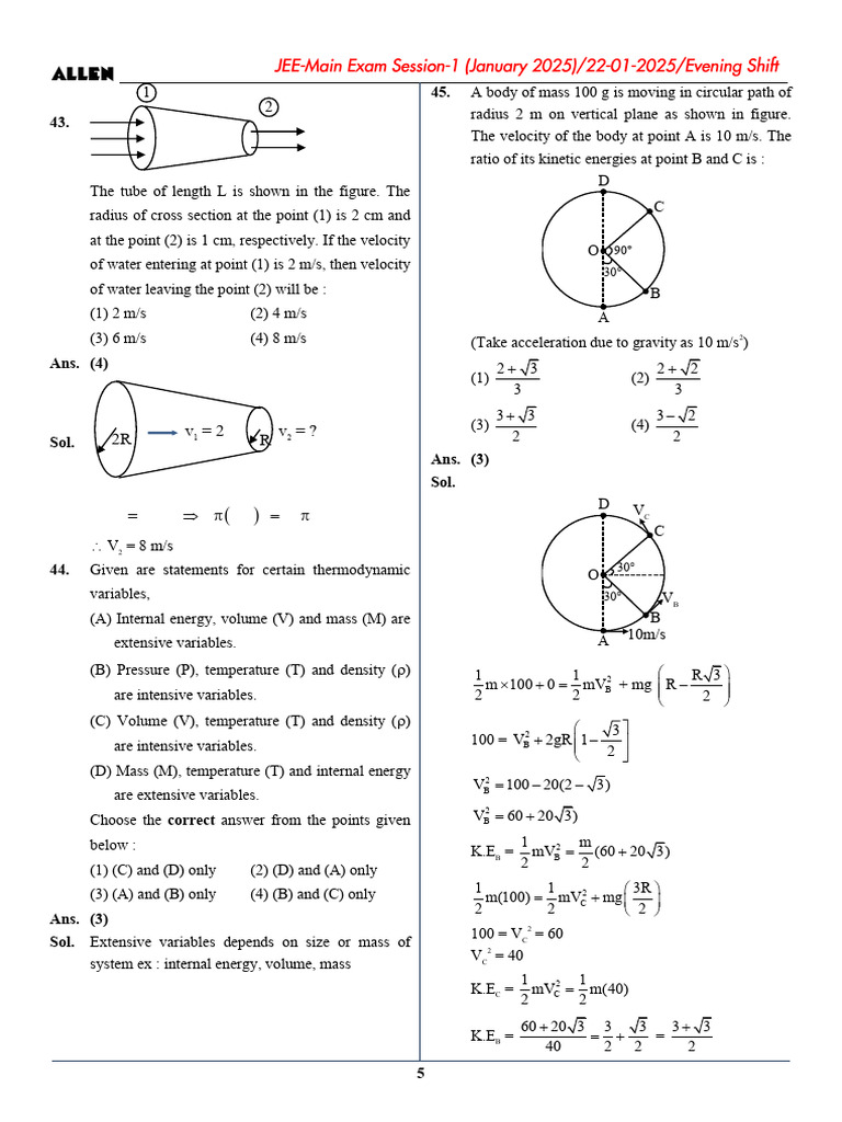 22 Jan Shift 2 Physics Sol - Part5 | PDF | Density | Thermodynamics
