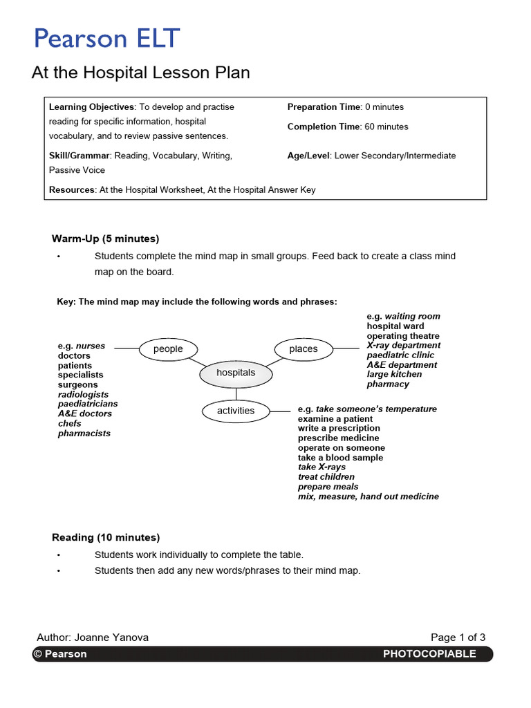 At The Hospital Lesson Plan | PDF | Emergency Department | Verb