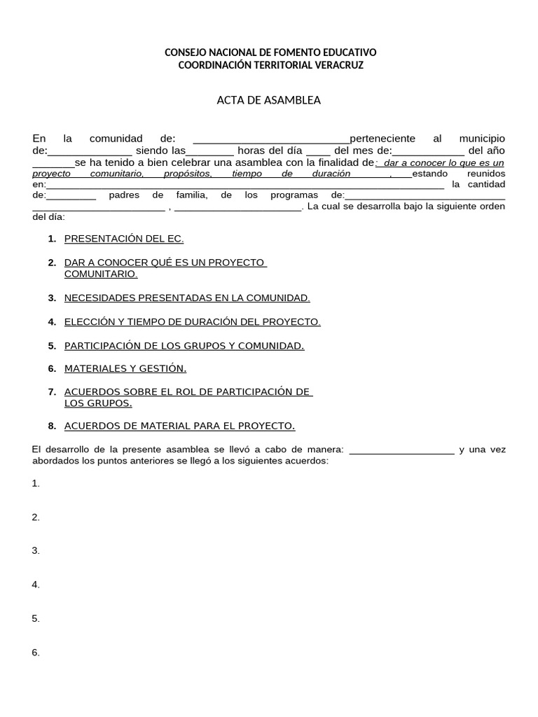 Acta De Asamblea Comunitaria Ejemplo Pdf
