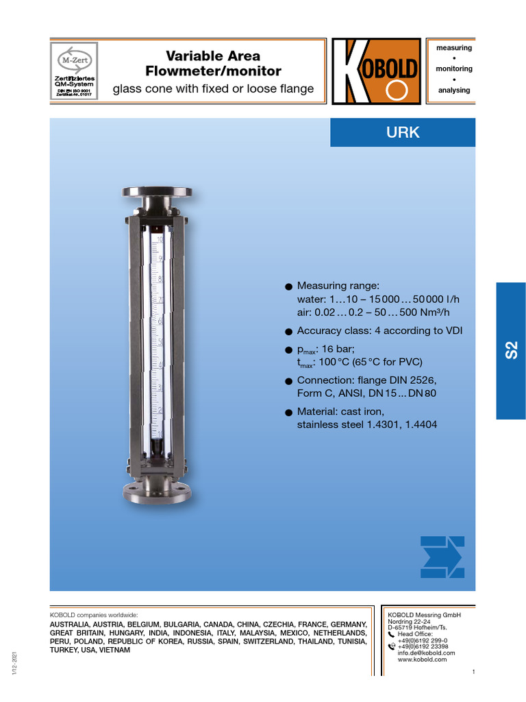 Datasheet Variable Area Flow Meter Monitor Urk | PDF | Flow Measurement | Materials