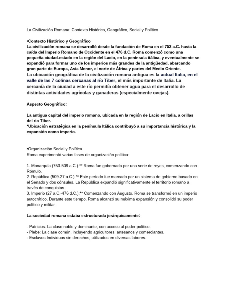 La Civilización Romana - Contexto Histórico, Geográfico, Social y ...