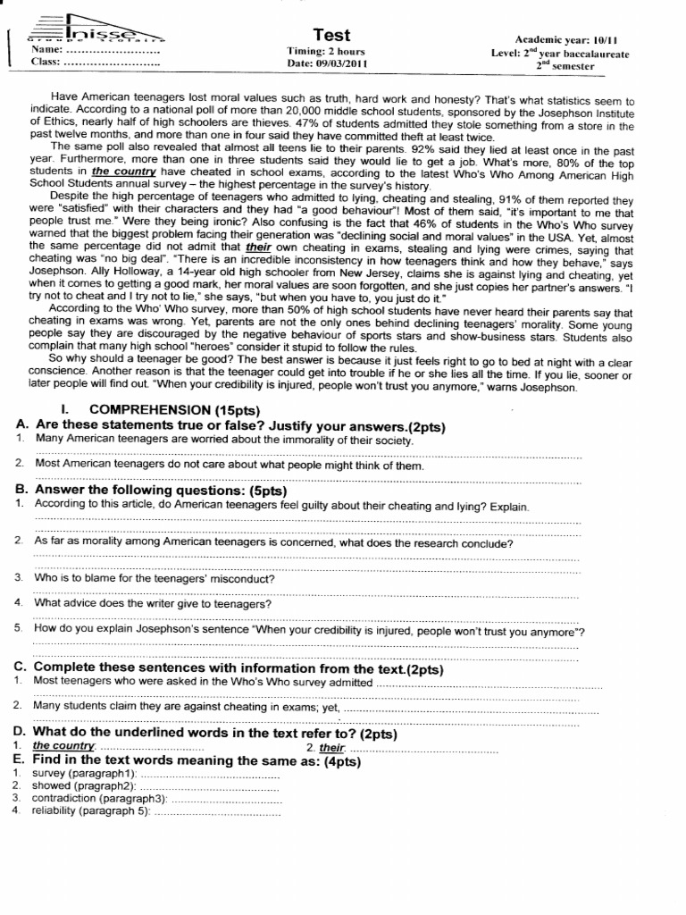 Test 1 Model 9 English 2 Bac Second Term | PDF