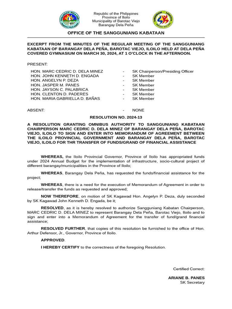 RESOLUTION NO. 2024-10 - SK Resolution of Omnibus Authority | PDF ...