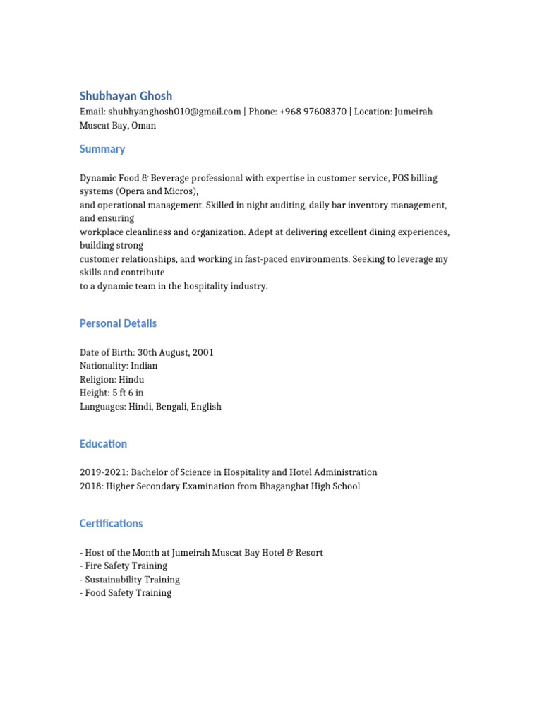 Food & Beverage Professional Resume | PDF