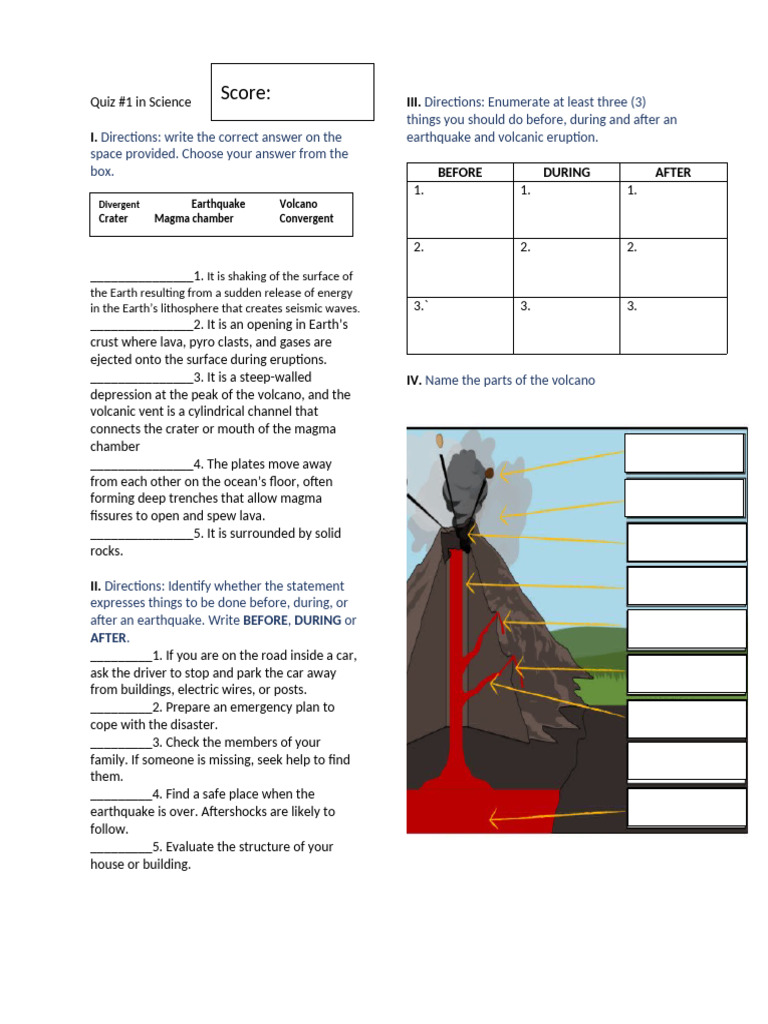 Science Quiz: Earthquakes and Volcanoes | PDF