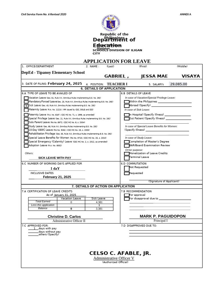 Cs Form No. 6, Revised 2020 Gabriel | PDF | Parental Leave | Sick Leave