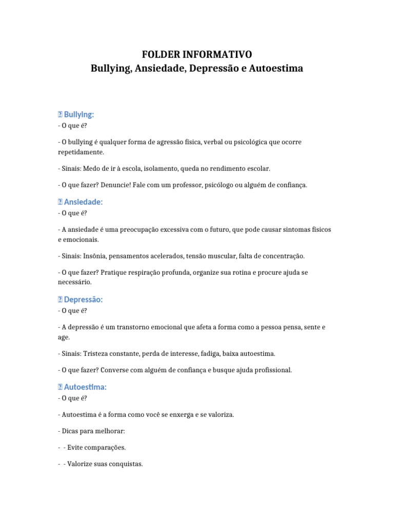 Folder_Bullying_Ansiedade_Depressao_Autoestima | PDF