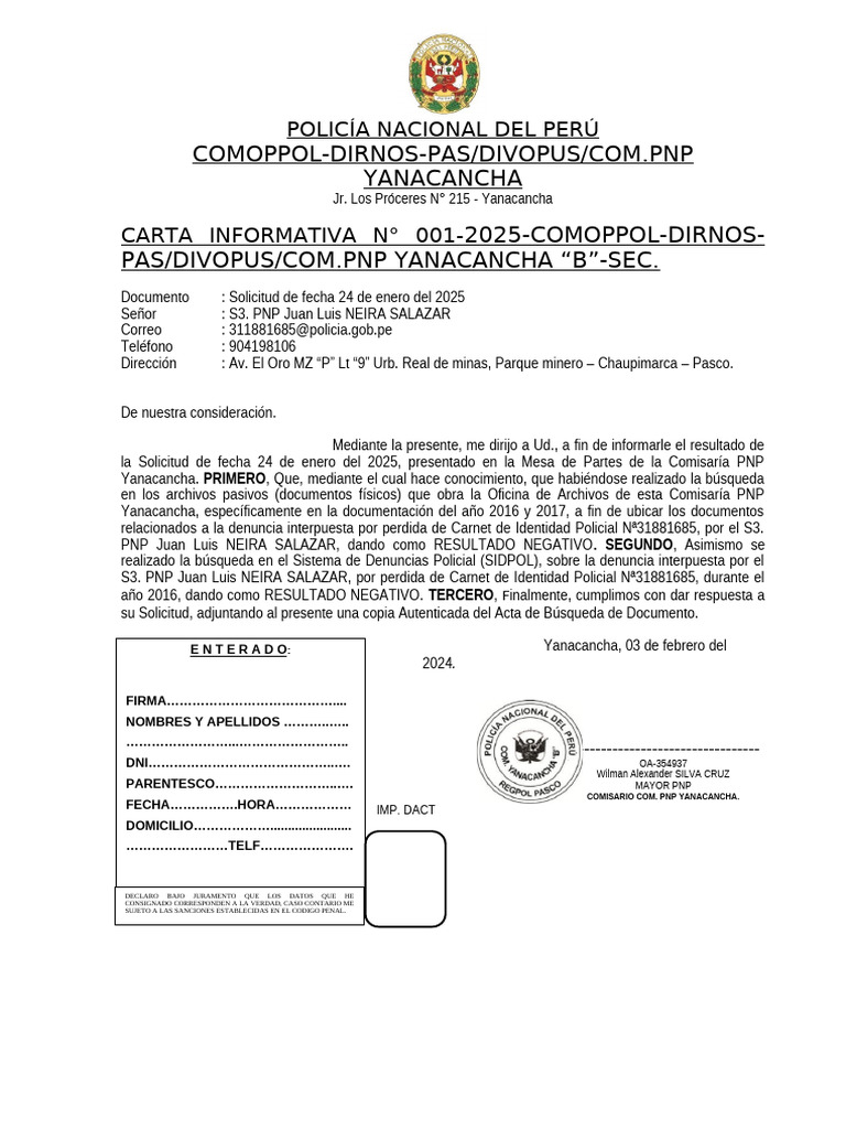 CARTA INFORMATIVA 01-2025- COMISARIA PNP YANACANCHA- CASO NEIRA | PDF | Autenticación