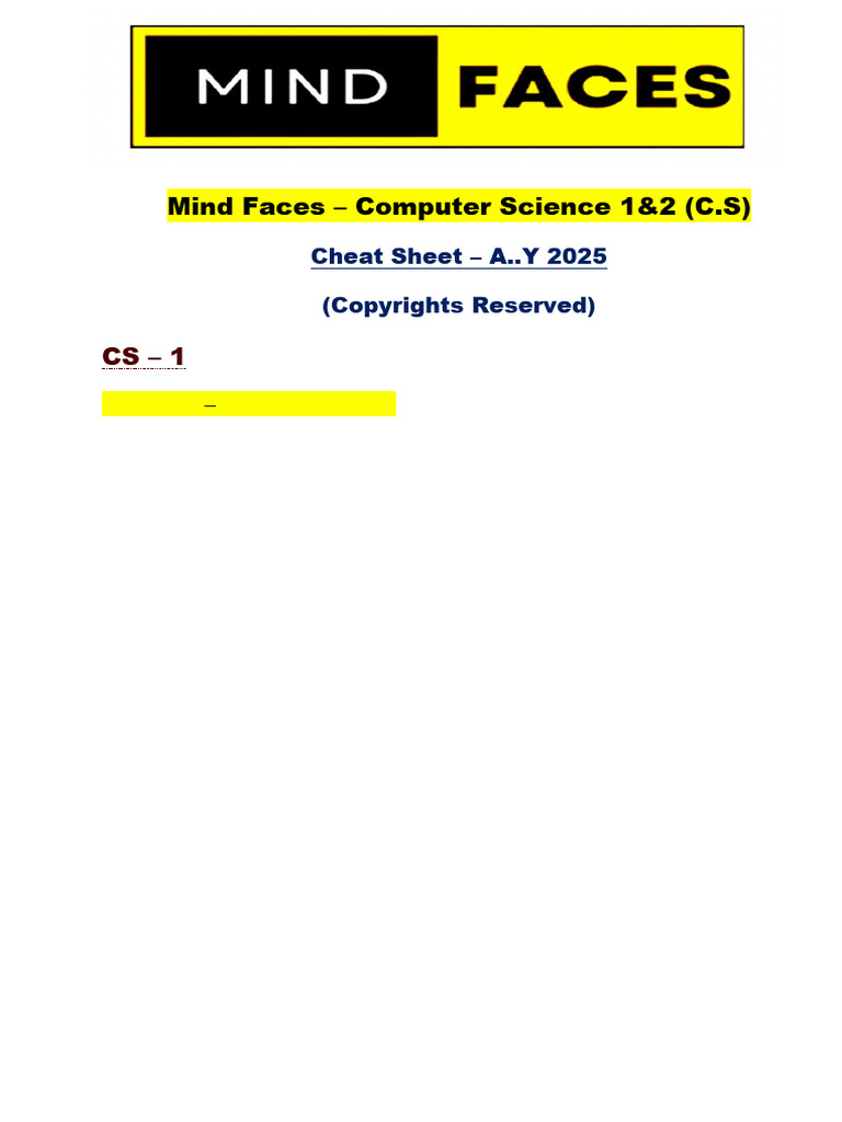 Mind Faces CS 1&2 - Cheat Sheet | PDF | C++ | Operating System