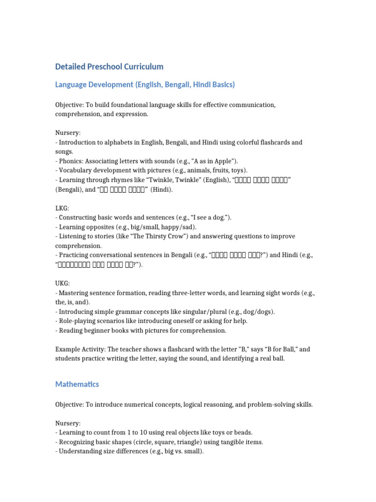 Detailed Preschool Curriculum | PDF | Reading Comprehension | English ...