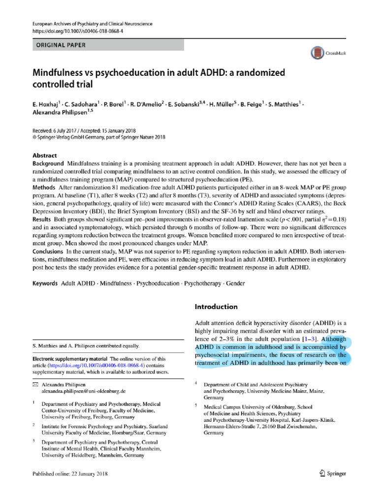 Mindfulness vs psychoeducation in adult ADHD_ a randomized controlled trial - Anna’s Archive | PDF