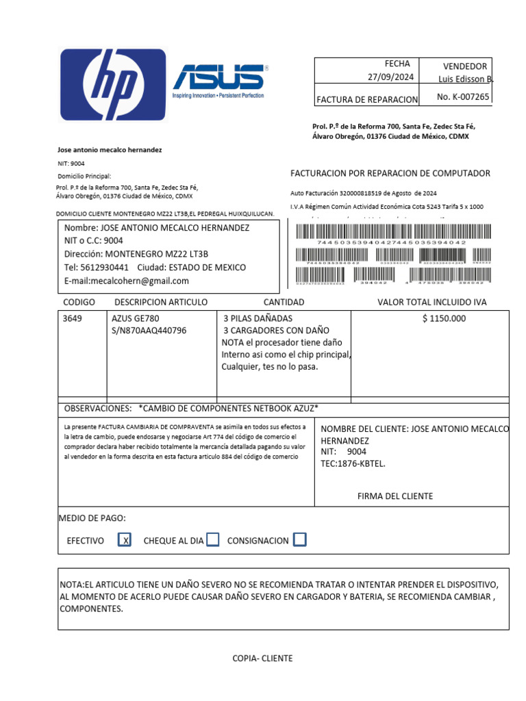 Factura de Reparación de Computador Azus | PDF