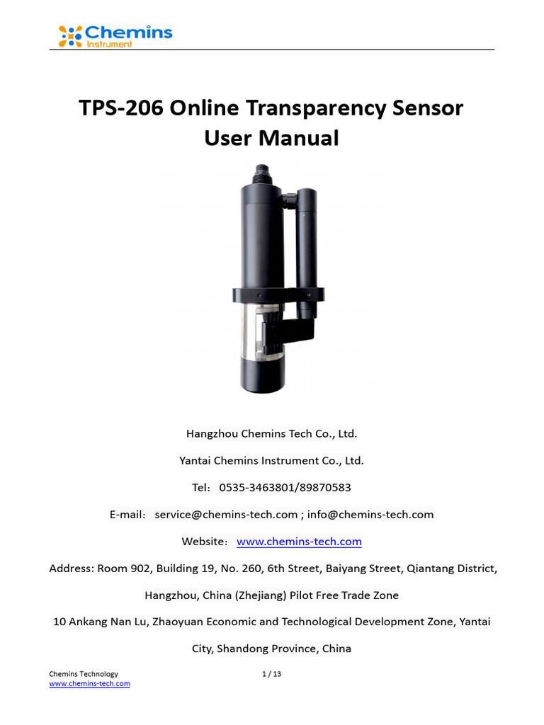 TPS-206 Online Transparency Sensor Manual | PDF | Calibration | Water