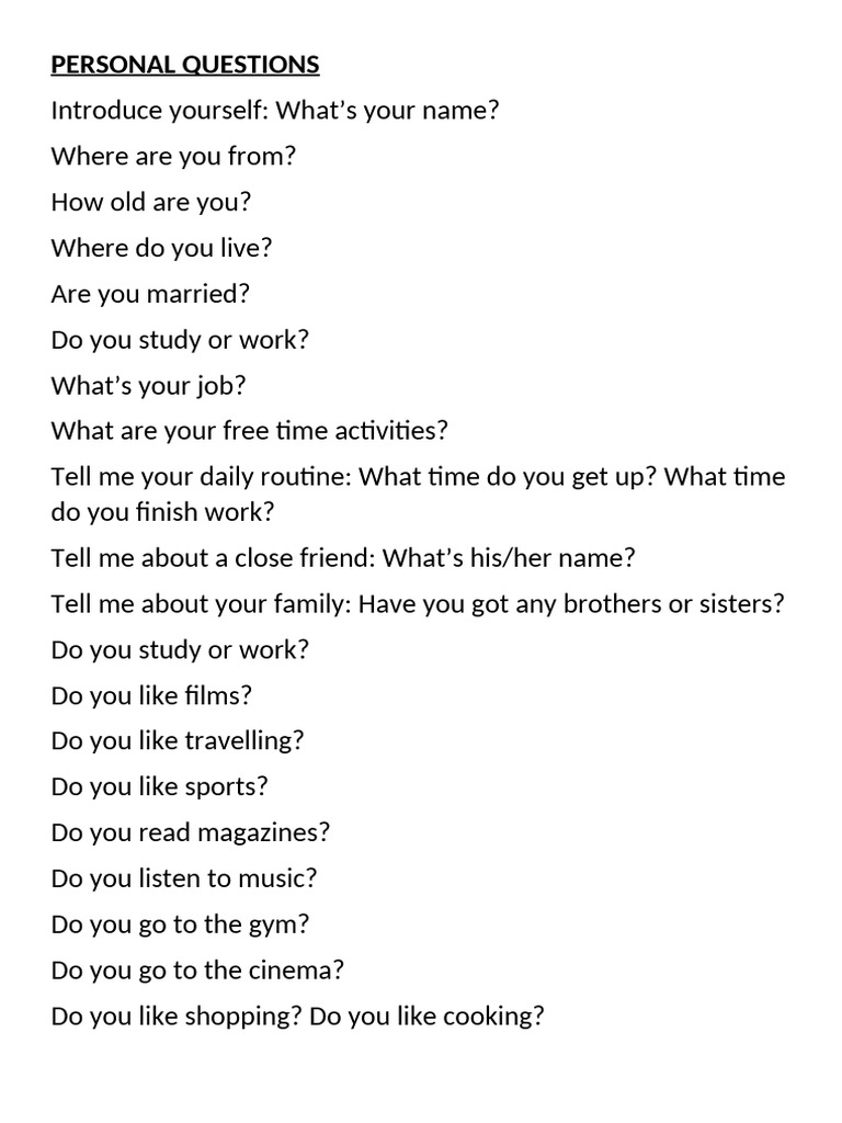Personal Questions for Self-Introduction | PDF