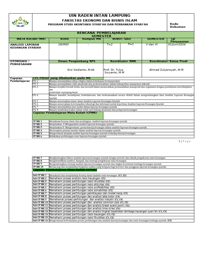 RPS Berbasis Obe Analisis Laporan Keuangan Syariah PKDP Final | PDF