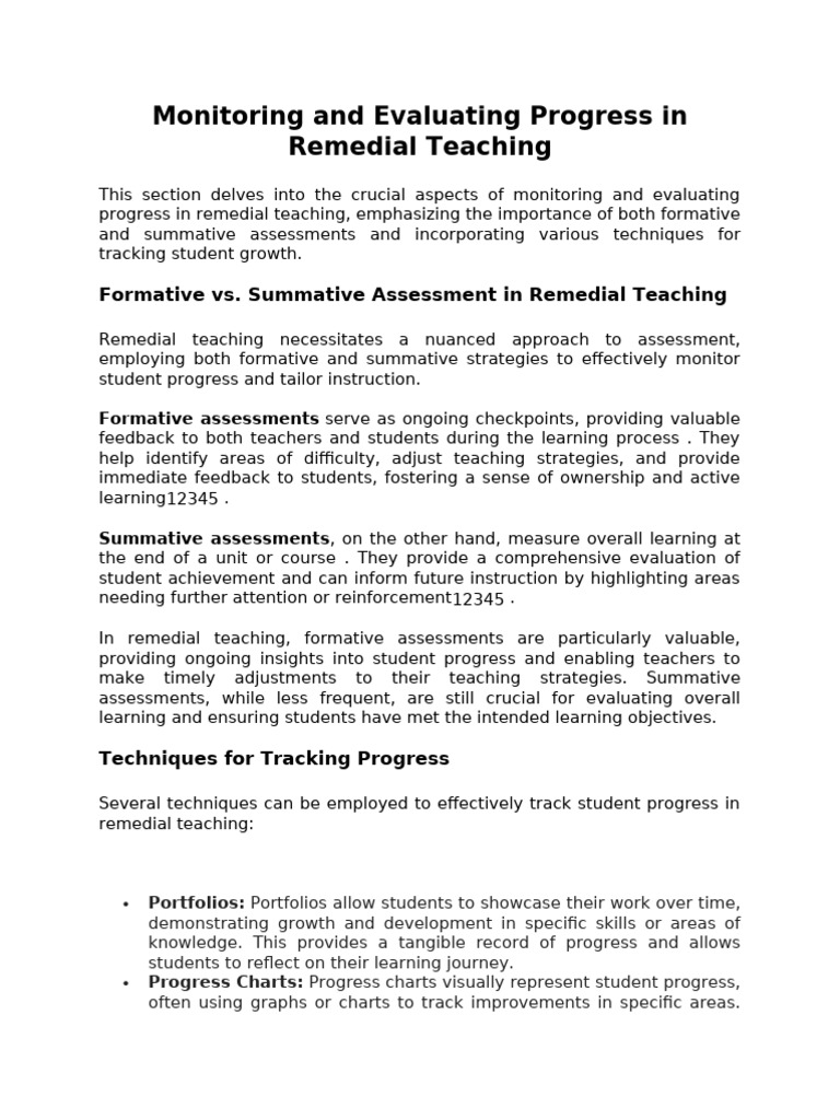 Monitoring And Evaluating Progress In Remedial Teaching Pdf Educational Assessment Learning