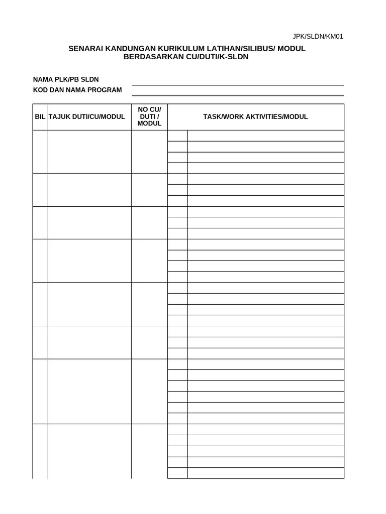JPK-SLDN-KM01 - Senarai Kandungan Berdasarkan NOSS | PDF