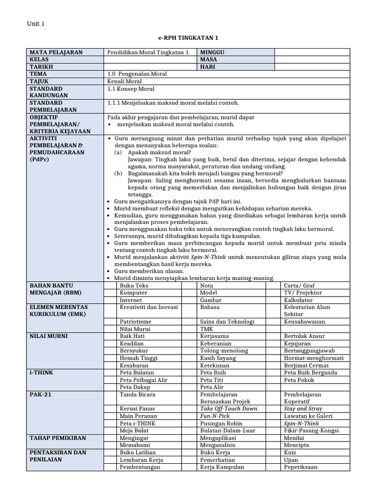 e-RPH TINGKATAN 1 Unit 1 | PDF