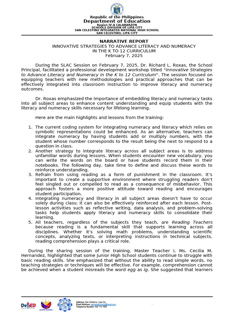 Literacy and Numeracy Strategies Report | PDF | Reading Comprehension | Literacy