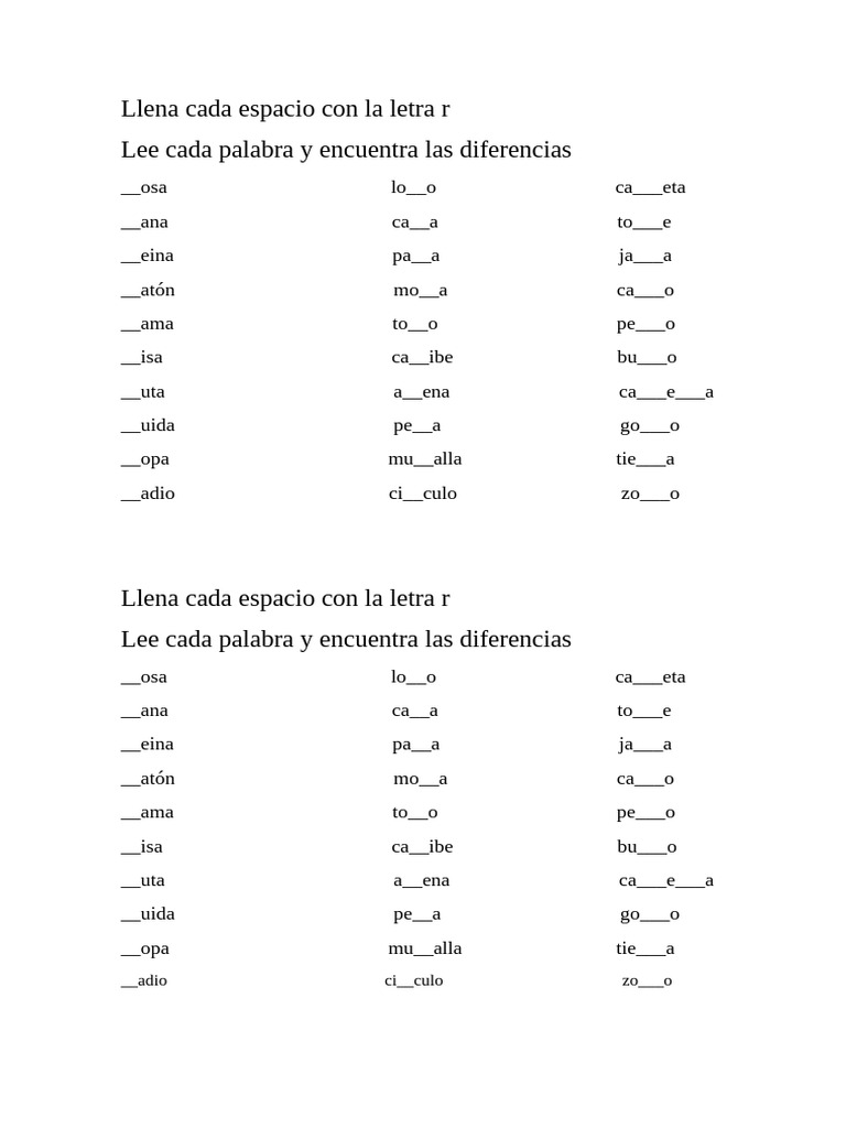 Completa con la letra R en palabras | PDF