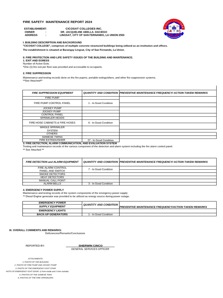 2024 Fire Safety Maintenance Report | PDF | Firefighting | Fire Safety