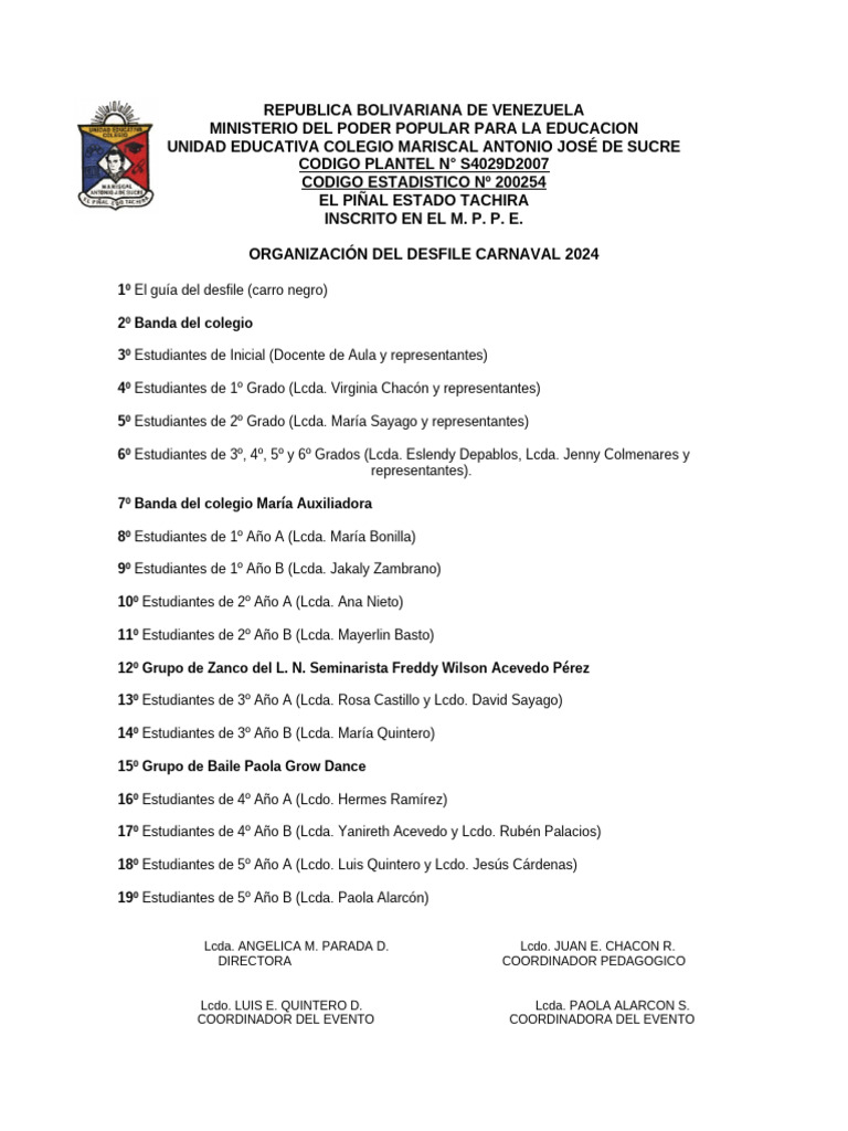 Cronograma Del Desfile 2024 Pdf