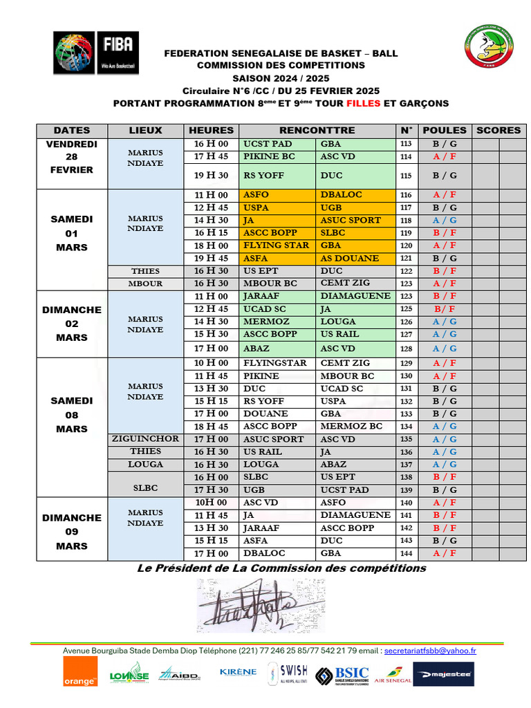 Circulaire N°6 CC DU 25 FEVRIER 2025 PORTANT programmation 8 et 9e tour filles et garcons | PDF