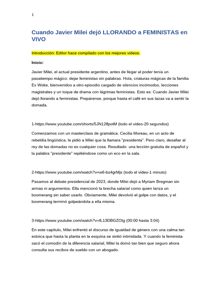 Cuando Javier Milei Dejó LLORANDO A FEMINISTAS en VIVO | PDF