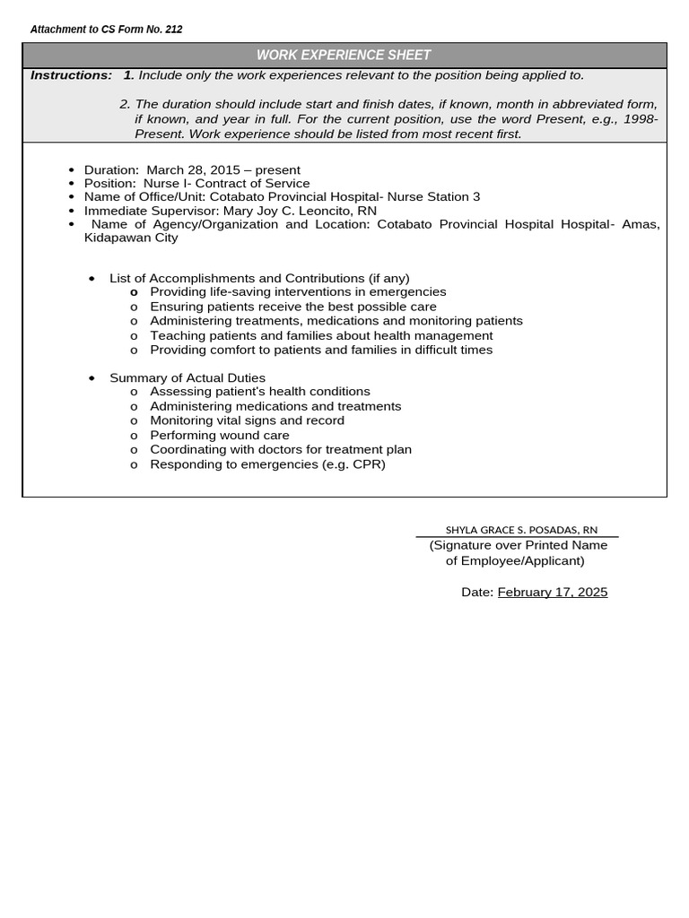 CS Form No. 212 Attachment - Work Experience Sheet | PDF
