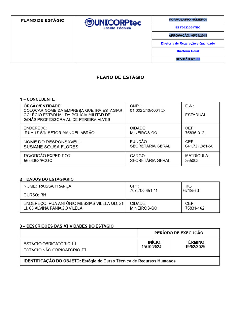 Modelo de Plano de Atividades Do Estágio Revisado - Documentos Google | PDF