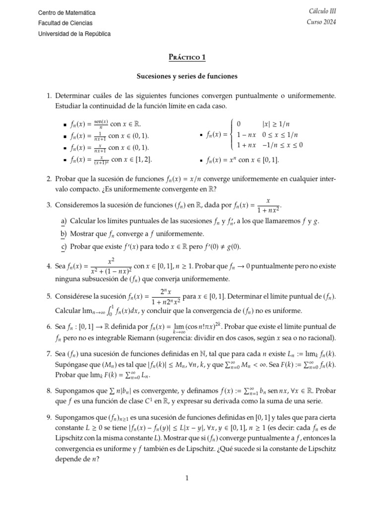 Sucesiones y Series de Funciones: Práctico 1 | PDF | Cálculo | Análisis