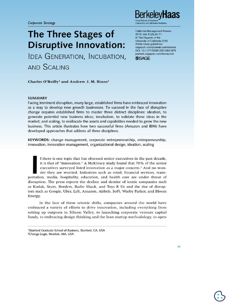 The Three Stages of Disruptive Innovation - Idea Generation, Incubation, and Scaling Final | PDF