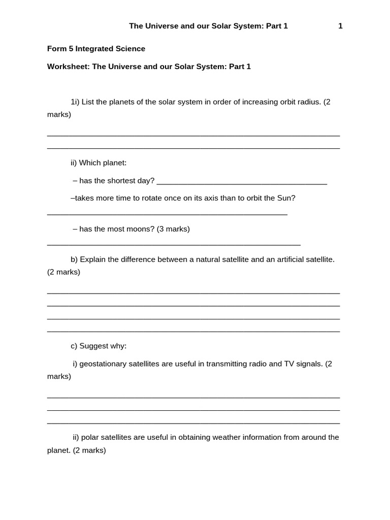 Worksheet 4 - The Universe and Our Solar System - Part 1 | PDF ...