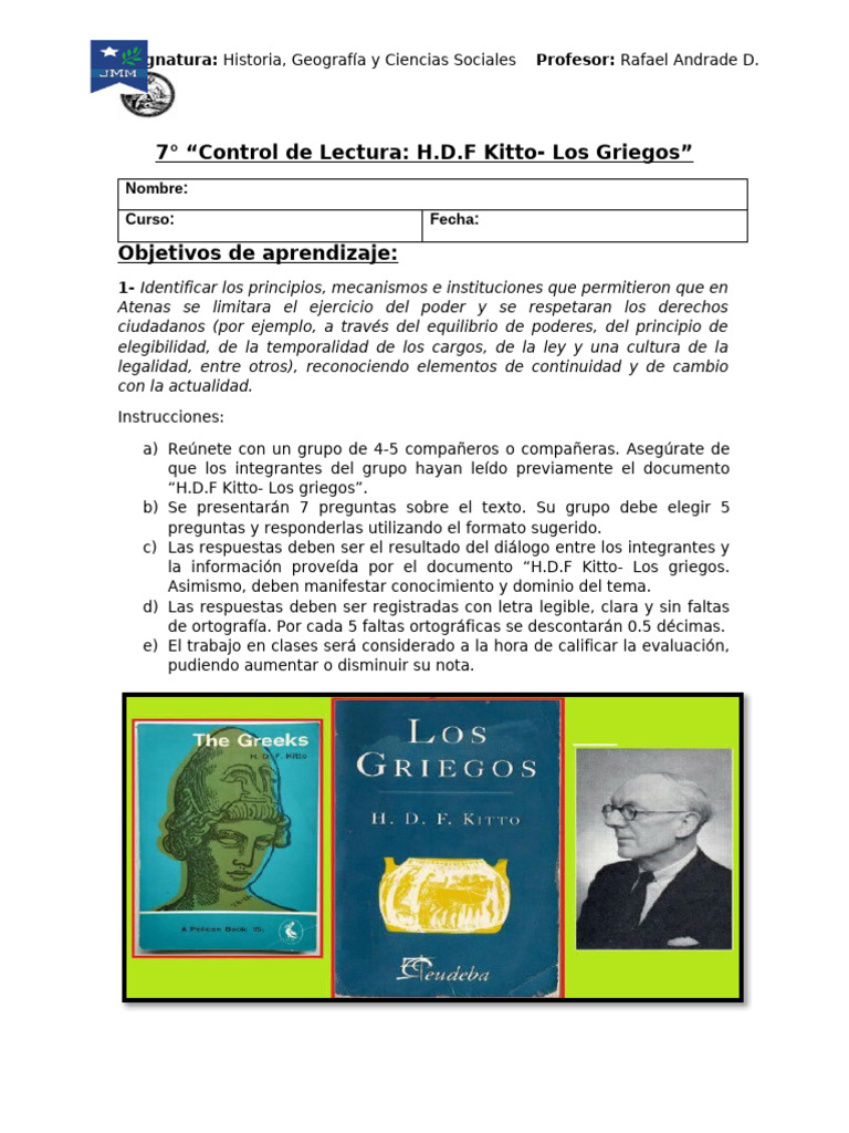 7° Básico - Control de Lectura HDF Kitto - Los Griegos | PDF | Antigua ...