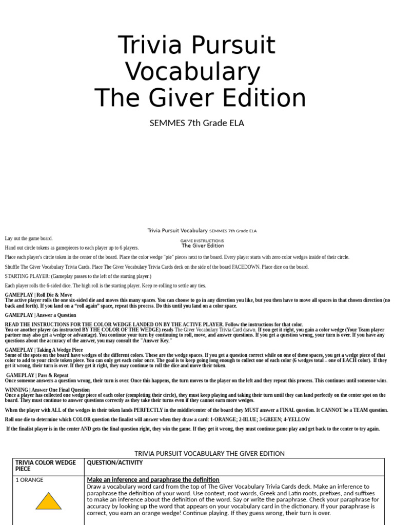 Trivia Pursuit Vocabulary the Giver Semmes | PDF | The Giver | Word