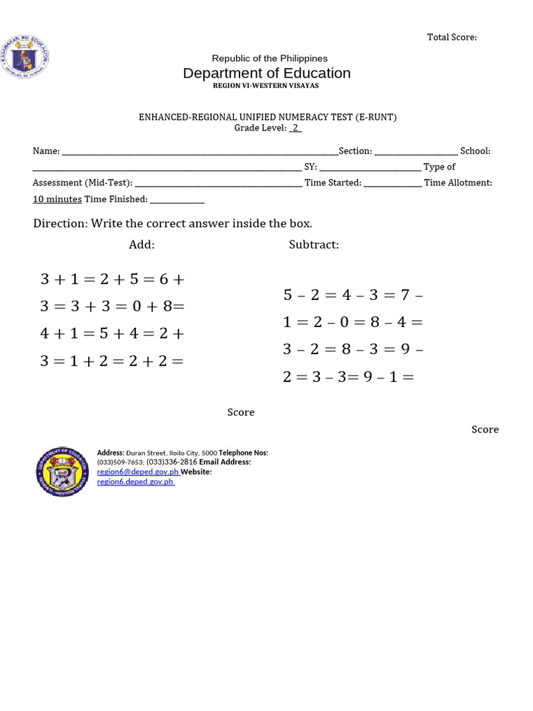 E-RUNT Grade 2 Assessment Form | PDF