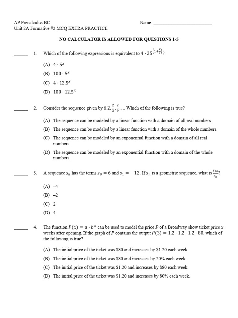 Unit 2A MCQs (Extra Practice) | PDF | Function (Mathematics) | Applied Mathematics