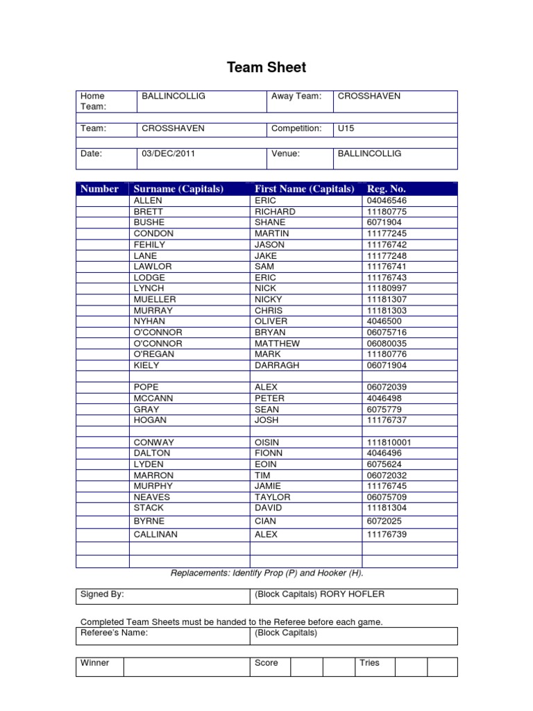 Team Sheet 20111203 Ballincollig | PDF | Sports & Recreation