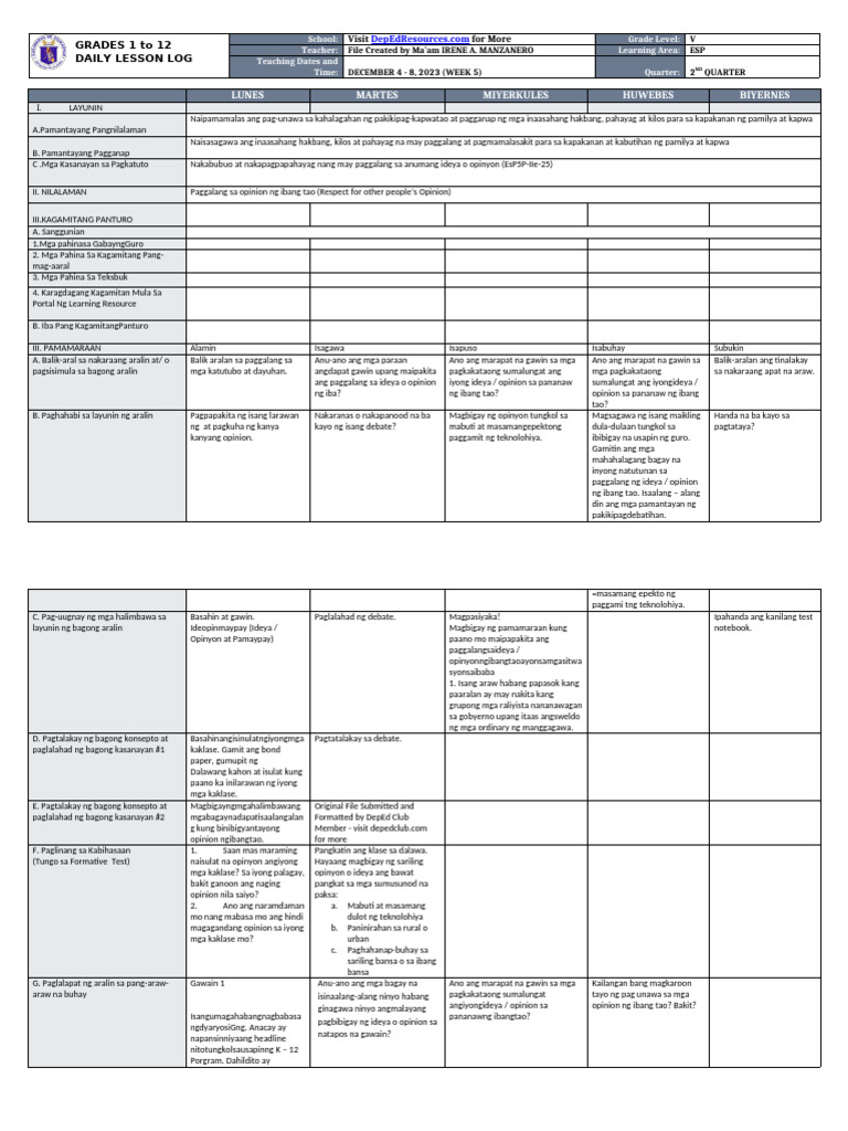 DLL - Esp 5 - Q2 - W5 | PDF