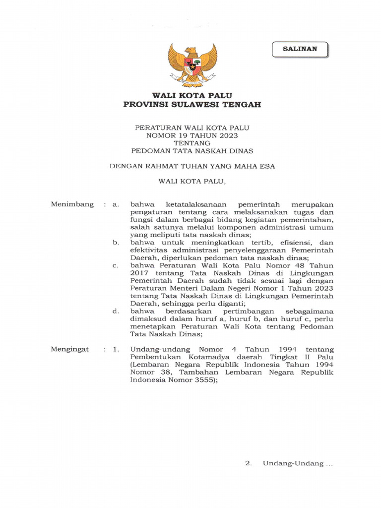 Salinan Perwali No 19 THN 2023 | PDF