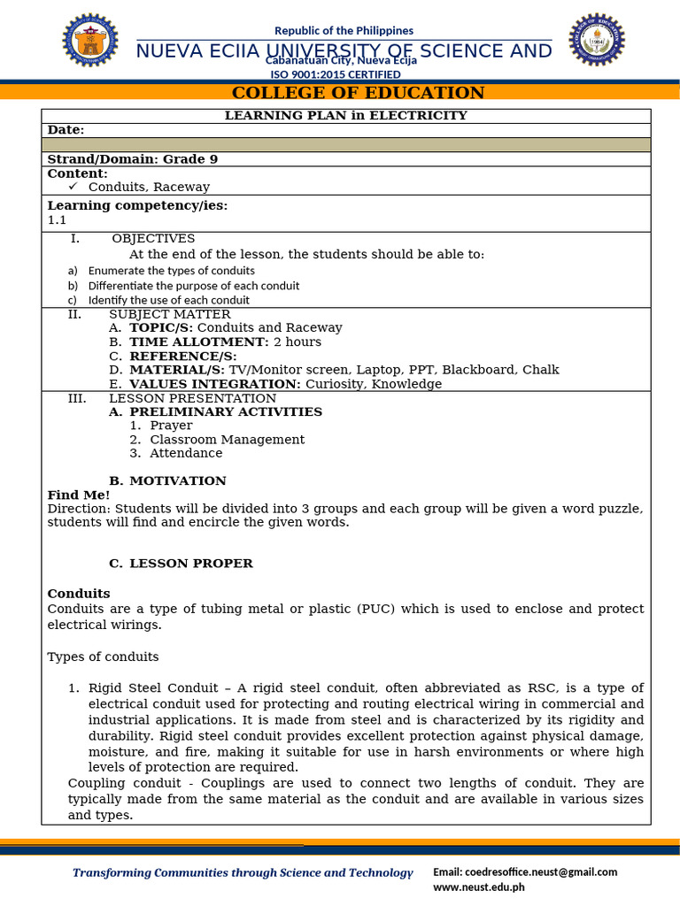 Grade 9 Learning Plan: Conduits & Raceway | PDF | Electrical Components ...