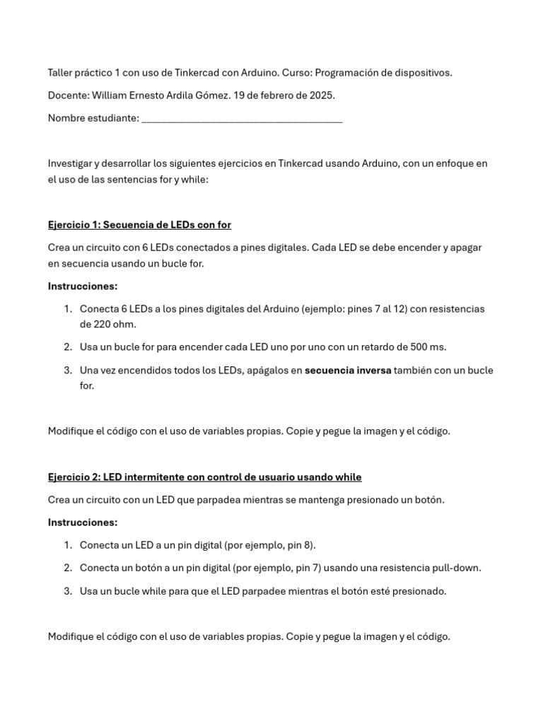 Taller Práctico 1 Tinkercad Con Arduino | PDF | Diodo emisor de luz | Arduino