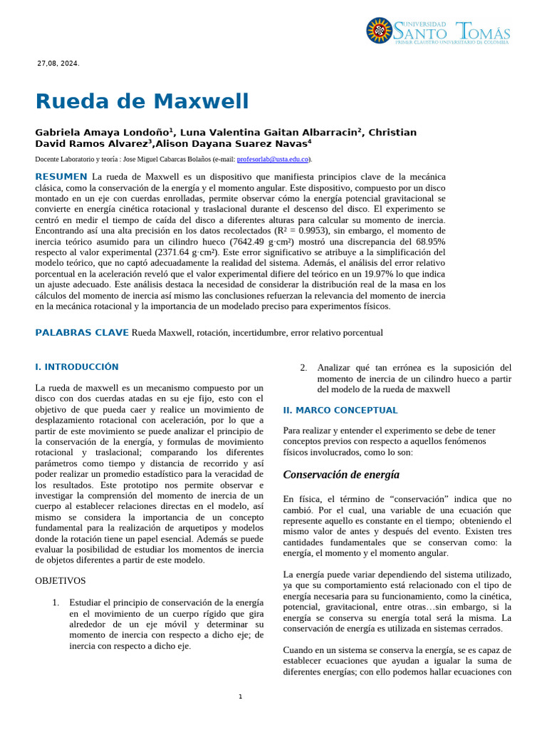 Informe RUEDA DE MAXWELL | PDF | Rotación | Energía cinética