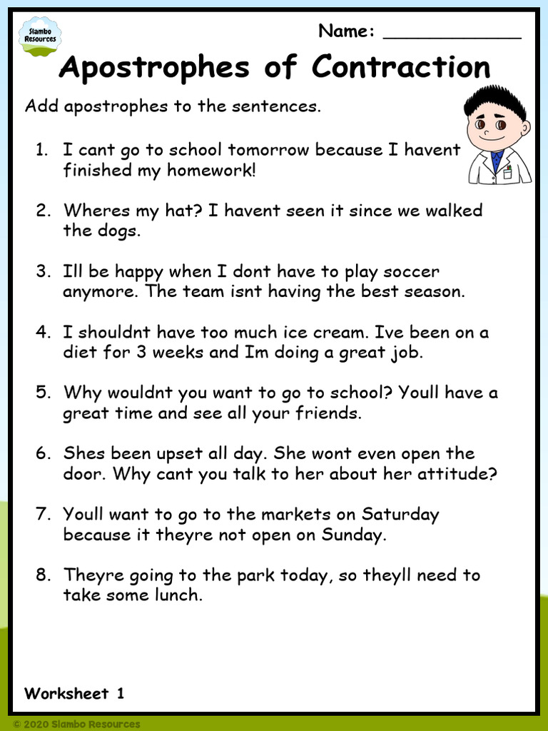 Grade 4 Apostrophes of Contractions Worksheet 1 | PDF