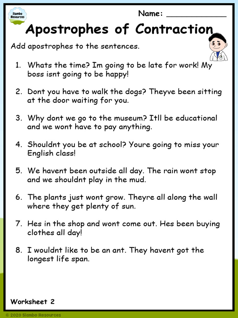 Contraction Apostrophe Practice Worksheet | PDF