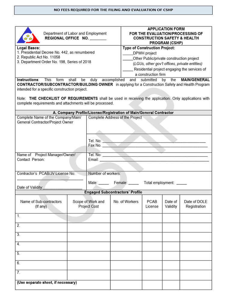 CSHP Application Form For DPWH Other Government Agency Private Project and Residential Project ...